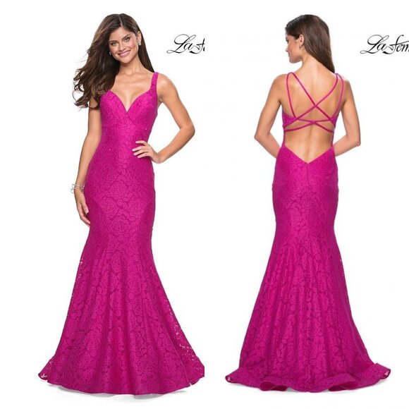 La Femme | Dresses | La Femme Strappy Low Back Lace Mermaid Gown | Poshmark